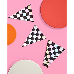 xo, Fetti Checkered Black and Iridescent Party Decorations Flag Banner - Set of 4, 32 Ft | Bachelorette Party Disco Garland, Monster Truck Birthday Party Supplies, Racecar Kids Decor