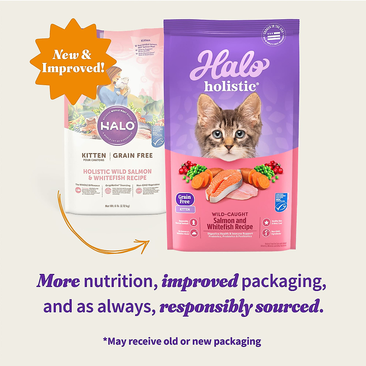 Halo Holistic Kitten Food Dry , Grain Free Wild - caught Salmon and Whitefish Recipe, Complete Digestive Health , Dry Cat Food Bag , Kitten Formula, 6-lb Bag