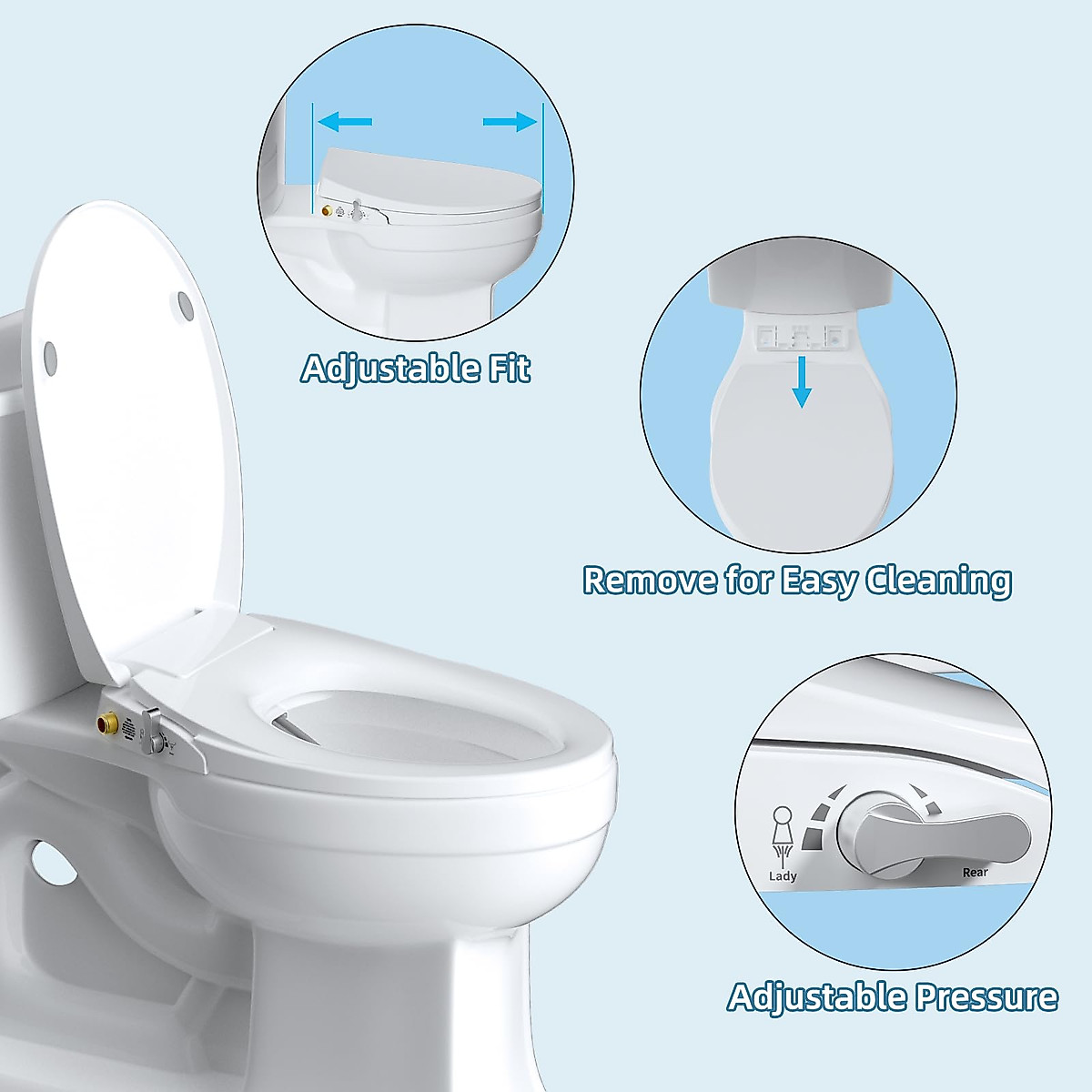 Hibbent Round Bidet Toilet Seat with Slow Close, Non-Electric Bidet Attachment for Toilet Seat with Dual Nozzle, Bidet Sprayer with Adjustable Self-Cleaning Nozzles, Brass T Adapter
