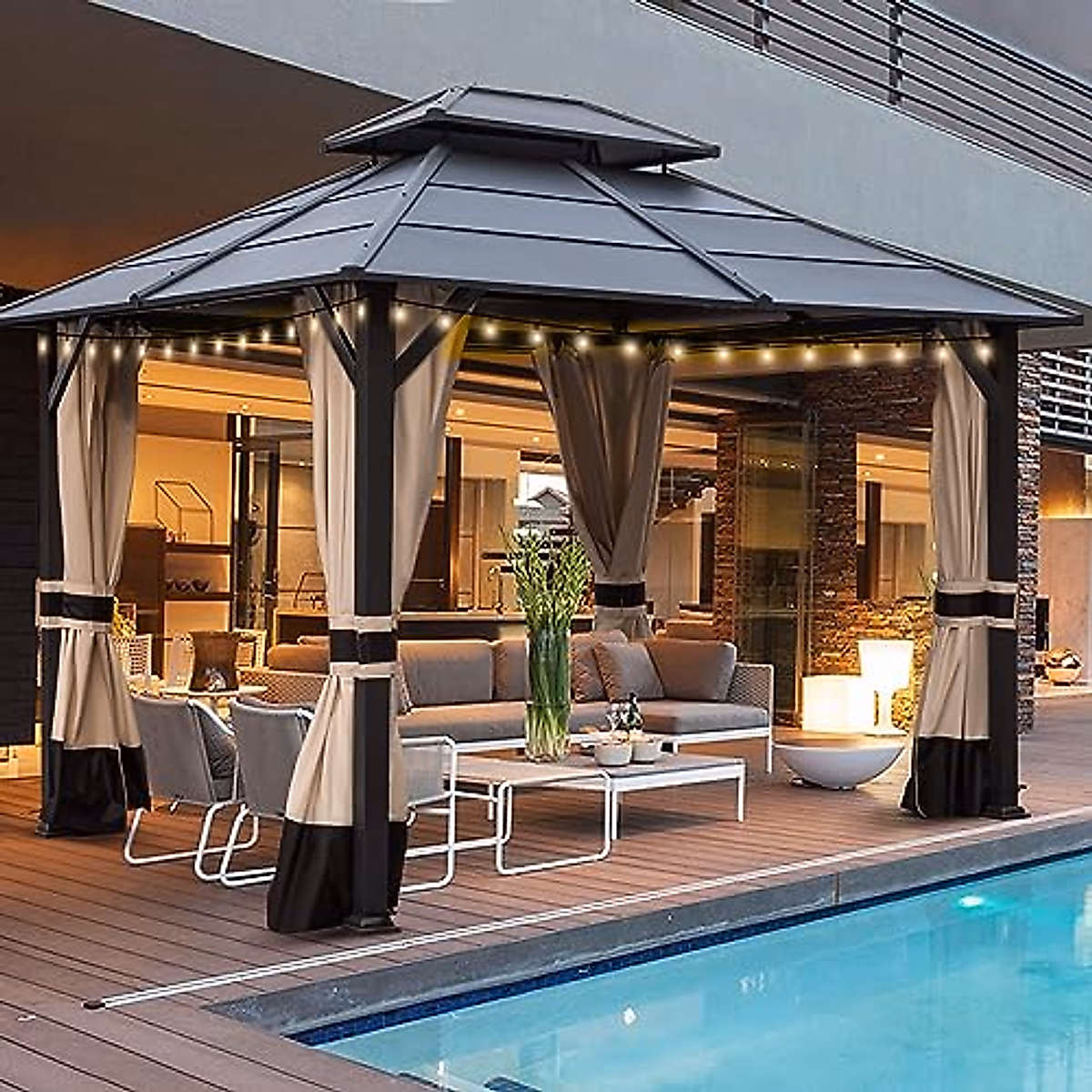 Hardtop Gazebo 10x12 - Outdoor Gazebo with Netting and Curtains, Double Metal Roof Gazebo Aluminum Frame for All Weather, 10 x 12 Gazebo Perfect for Backyard, Deck, Hot Tub, Patio Lawn Garden Poolside