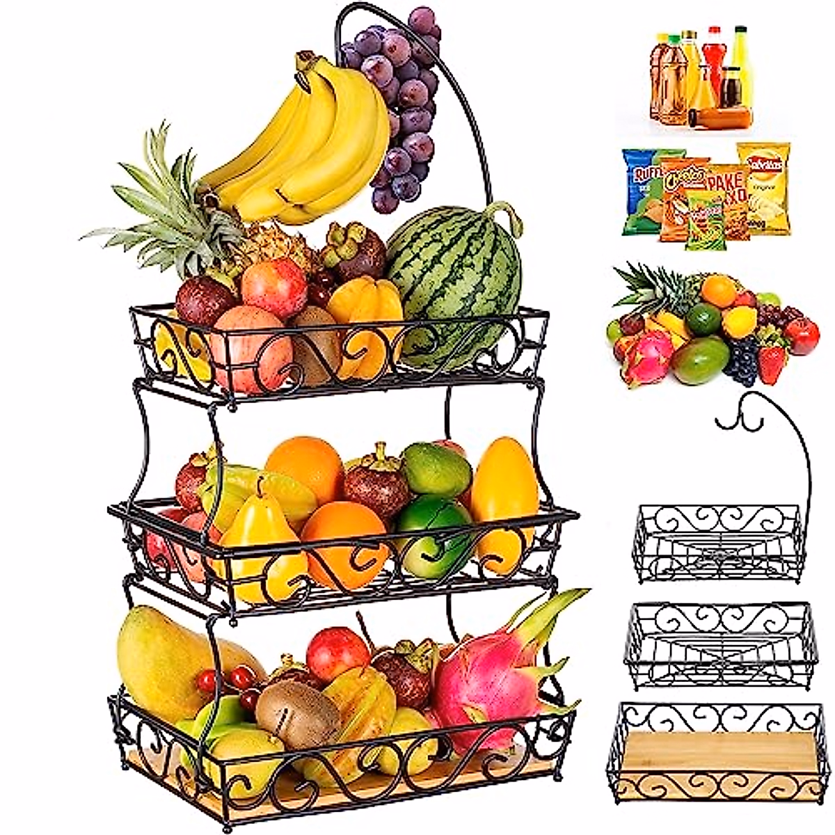 Fruit Basket Bowl, Vegetable Storage for Kitchen, 3-Tier Countertop Fruits Holder Rack with Banana Hanger, Food, Snack, and Bread Detachable Organizer Stand for Gift Large Capacity Fruit Tray