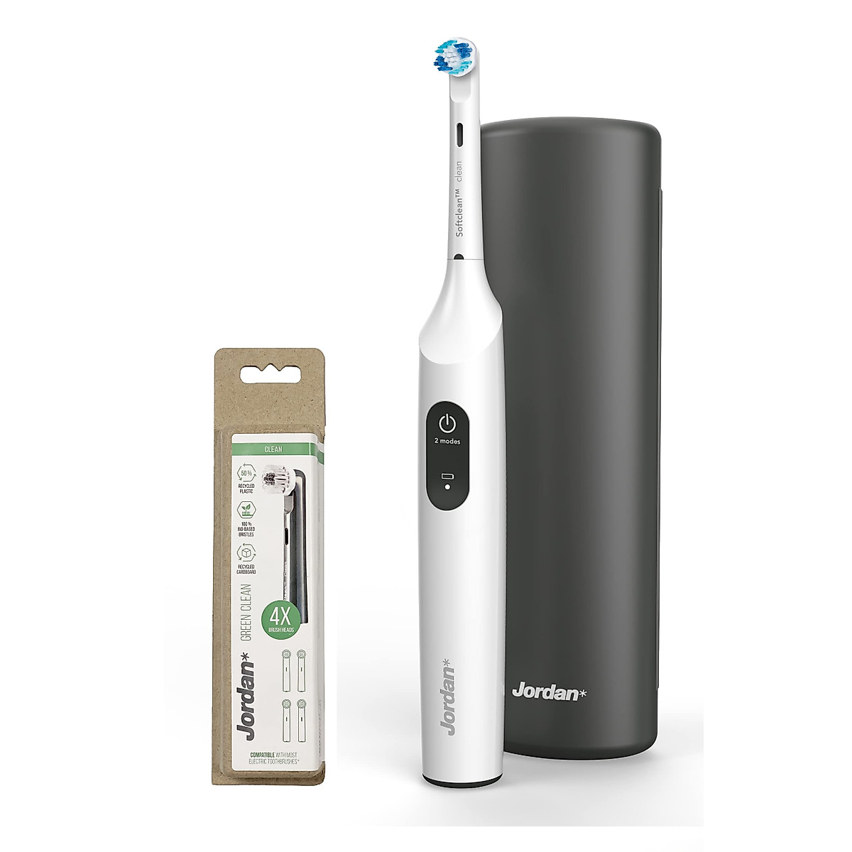 Jordan ® | Clean Smile Electric Toothbrush for Adults + Green Clean Electric Toothbrush sustainable refills x 4 units | Quick Charge, Long-Lasting Battery, Pressure Sensor, 2 Speed Modes | Black Color