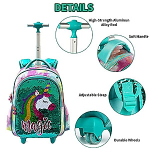 IvyH Wheeled Backpack for Girls, Kids Backpack Trolley Bag with Lunch Bag Pencil Case Sequins Primary School Bag Set 16 inch PU Pupils Satchel Rolling Backpack for Girls