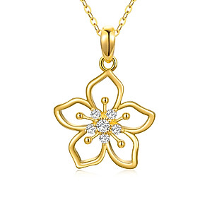 Rikelus 14k Real Gold Cherry Blossom Necklace for Women,Yellow Gold flower Pendant Necklace with moissanite Gifts for Birthday Christmas 16+2 inch