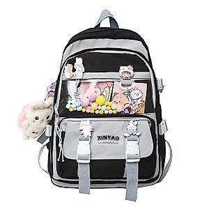 MocaDng Backpack for Girls, Kawaii Backpack Cute Aesthetic Backpack with Pin Accessories Plush Pendant, 17.7 Inch Backpack for School & Travel - Durable, Water Resistant (Black)
