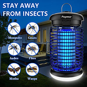 Pzqzmar Bug Zapper Outdoor with LED Light, Waterproof Mosquito Zapper, Electric Fly Zapper, Mosquito Killer & Fly Traps for Outside, Patio, Porch, Backyard, Garden