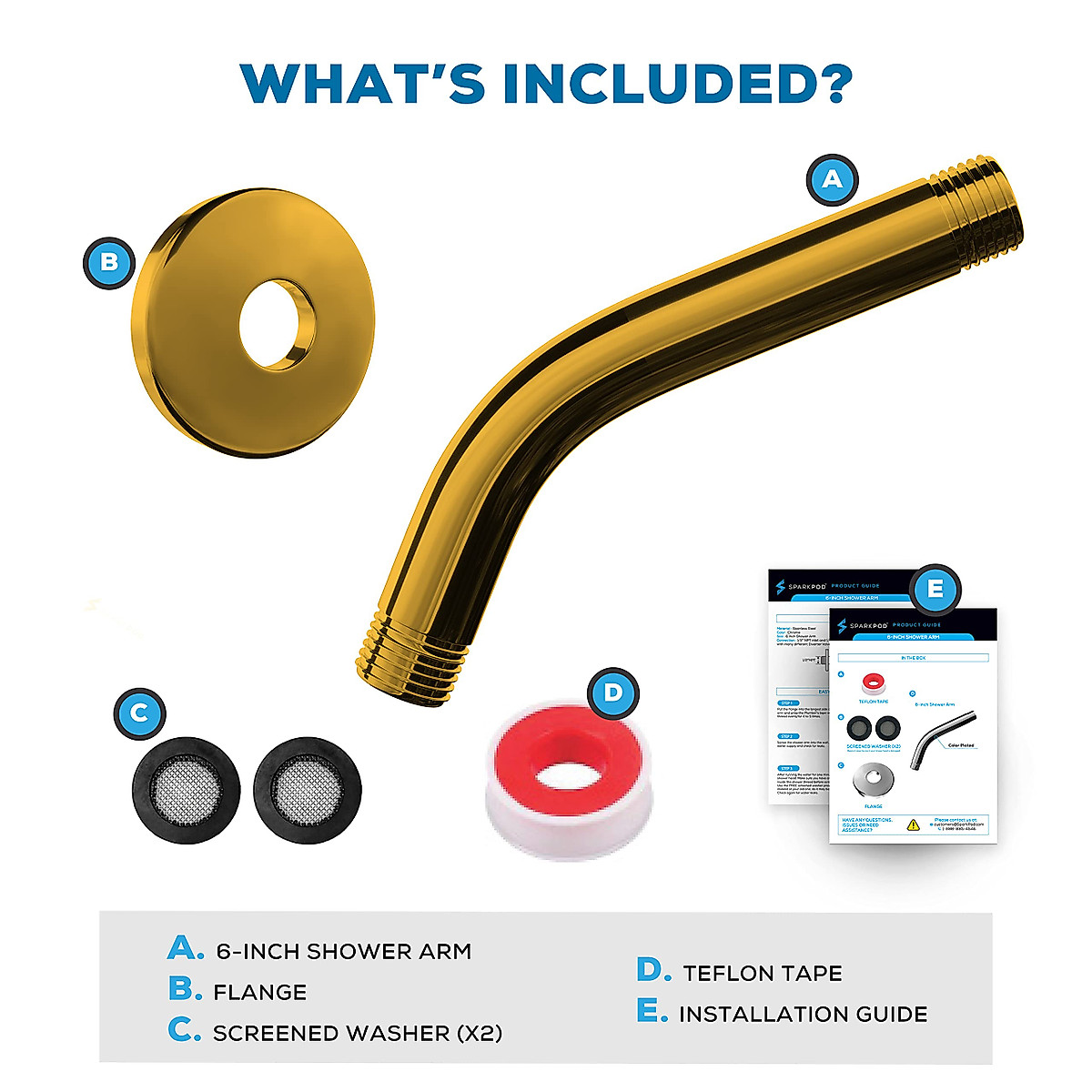 SparkPod Shower Arm With Flange - Solid Stainless Steel - Wall-Mounted For Fixed and handheld Showerheads - Shower Head Arm - Teflon Tape with 2 rubber O-rings Included - Egyptian Gold - Standard 6"