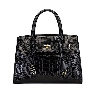Women Handbags and Purses Ladies Crocodile Pattern Shoulder Bag Top Handle Satchel Tote Work Bag with Shoulder Straps (Black)