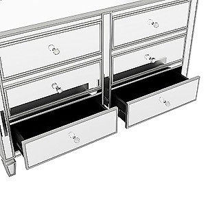 SOFTSEA Modern 6 Drawer Mirrored Dresser, Glass Dresser & Chest of Drawers for Bedroom, Silver Finished Storage Cabinet with Crystal Knobs, Easy Assembly