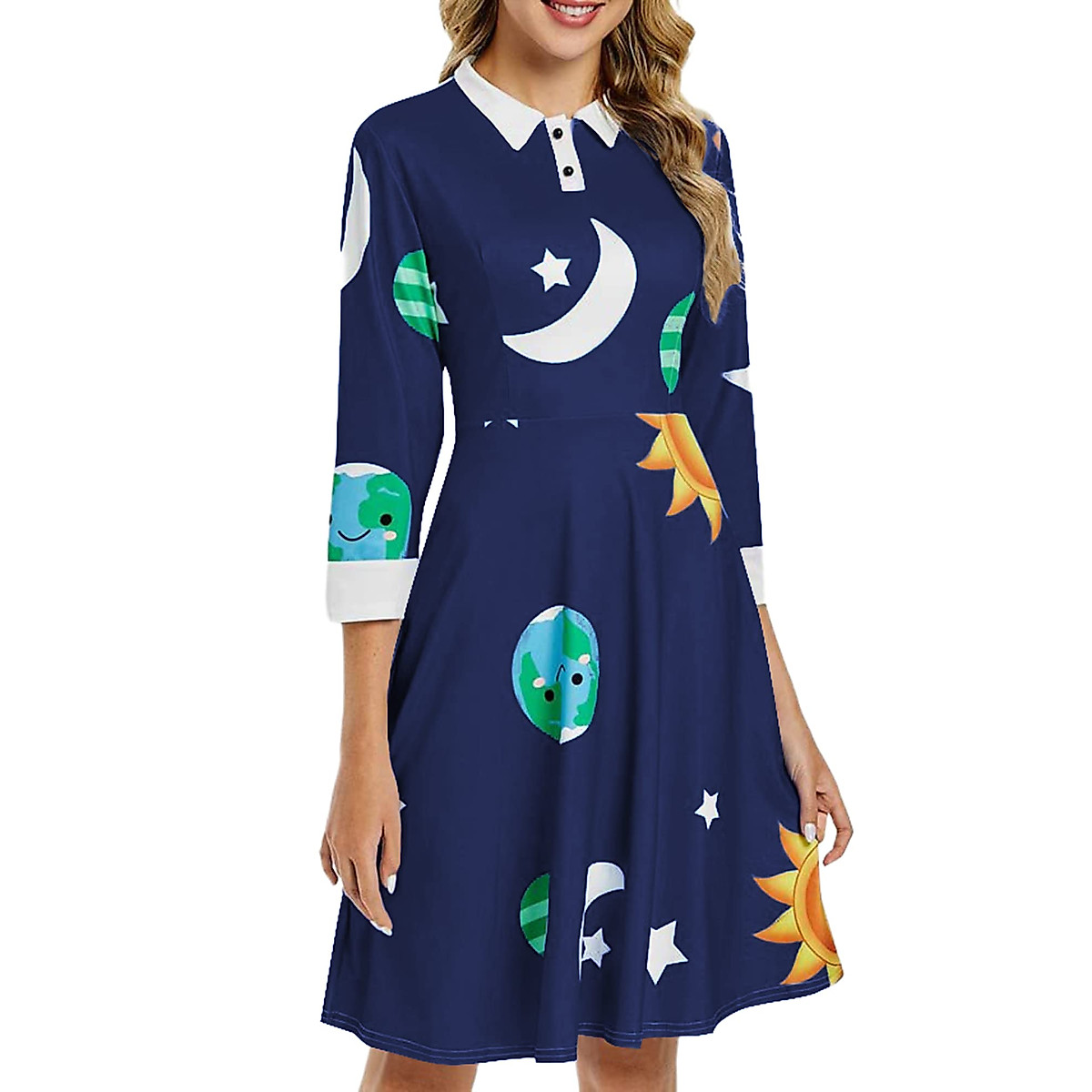 ZEZCLO Women's Long Sleeve Peter Pan Collar A-line Dress Halloween Costume Vintage Solar System Fit and Flare Dresses Dark Blue L