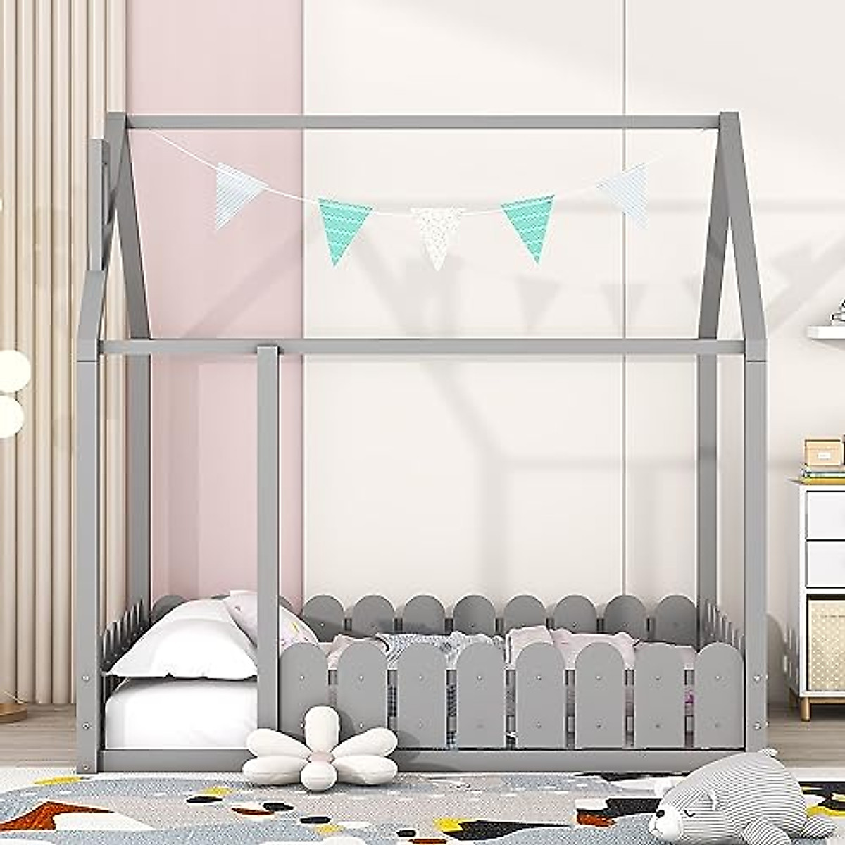Harper & Bright Designs Full Size House Bed for Kids,Montessori Floor Bed with Fence-Shaped Rails, Wood Full Baby Floor Bed Frame for Girls, Boys,Grey