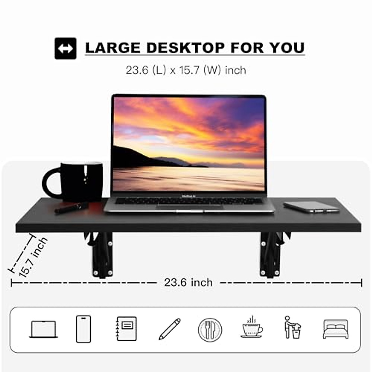 Zytty Wall Mounted Folding Table, Wood Computer Home Office Suitable for Balcony, Bedroom, Bathroom, and Kitchen, Floating Desk for Small Space, Medium, Black