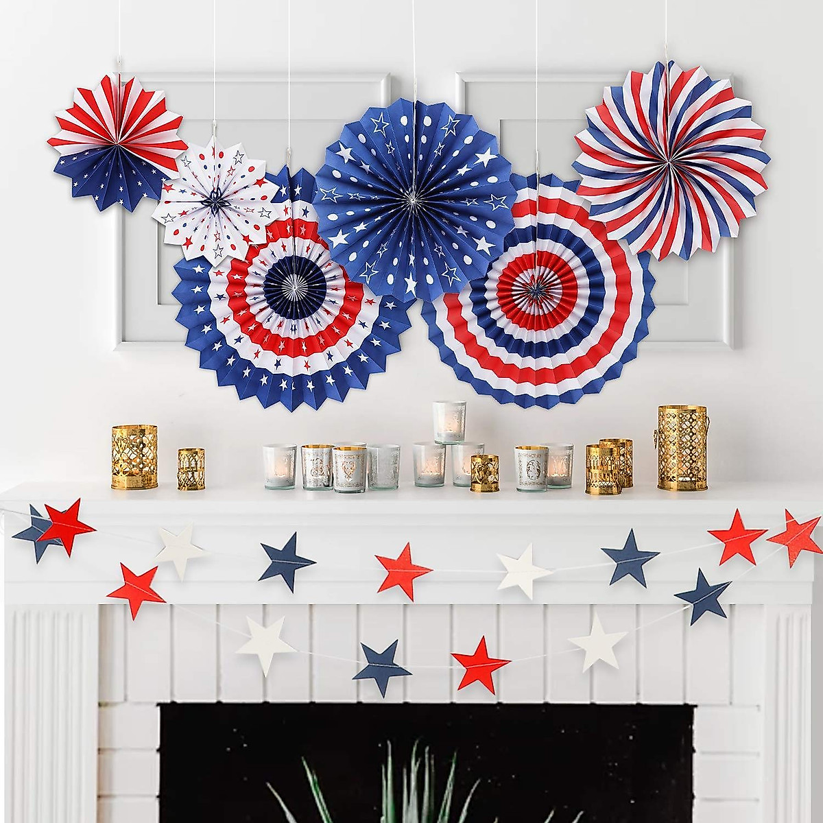 Risshine 4th/Fourth of July Patriotic Party Decorations Set- Red White/Silver Blue Star Streamers and 6Pcs Red White Blue Hanging Paper Fans for American Independence Day Party Decor Supplies