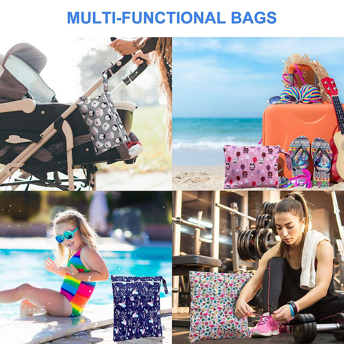 FLOCK THREE 4pcs Waterproof Wet Bag Reusable for Wet Clothes Baby Diapers Stroller Swimsuit Travel Reusable toiletries Pouch Small and Larger Electronics case 4 Pack (Windy Days)