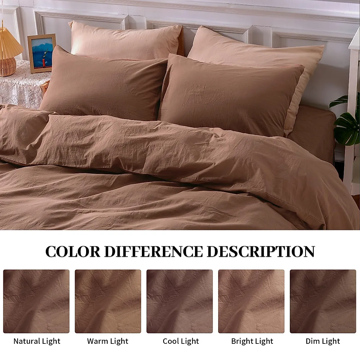 NEXHOME PRO Duvet Cover Set Queen Size Linen Textured Organic Natural 100% Washed Cotton Duvet Cover Mocha Brown 3 Pieces Bedding Set with Zipper Closure, Breathable, Soft (No Comforter)