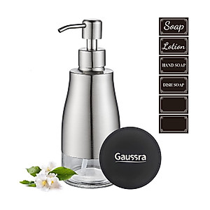 Gaussra Soap Dispenser with Non-Slip Coaster，Brushed Nickel Stainless Steel Case Glass Liner Hand Pump Dispenser，Refillable Liquid Hand Soap Dispenser for Bathroom & Kitchen (11OZ / 320ML)
