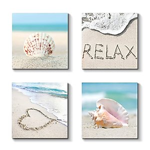 Coastal Beach Picture Wall Art: Seascape Painting Seashell Giclee Print on Canvas for Living Room (12" x 12" x 4 PCS, Multiple Style)