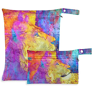 visesunny Abstract Lion Face Animal 2Pcs Wet Bag with Zippered Pockets Washable Reusable Roomy Diaper Bag for Travel,Beach,Daycare,Stroller,Diapers,Dirty Gym Clothes,Wet Swimsuits,Toiletries
