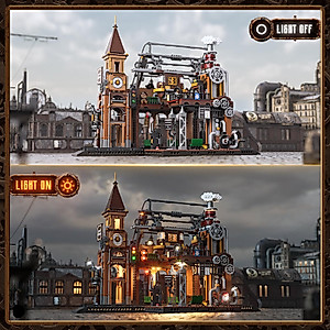 FUNWHOLE Train-Station Lighting Building Bricks Set - Steampunk LED Light Building Set 1843 Pieces for Adults and Teens