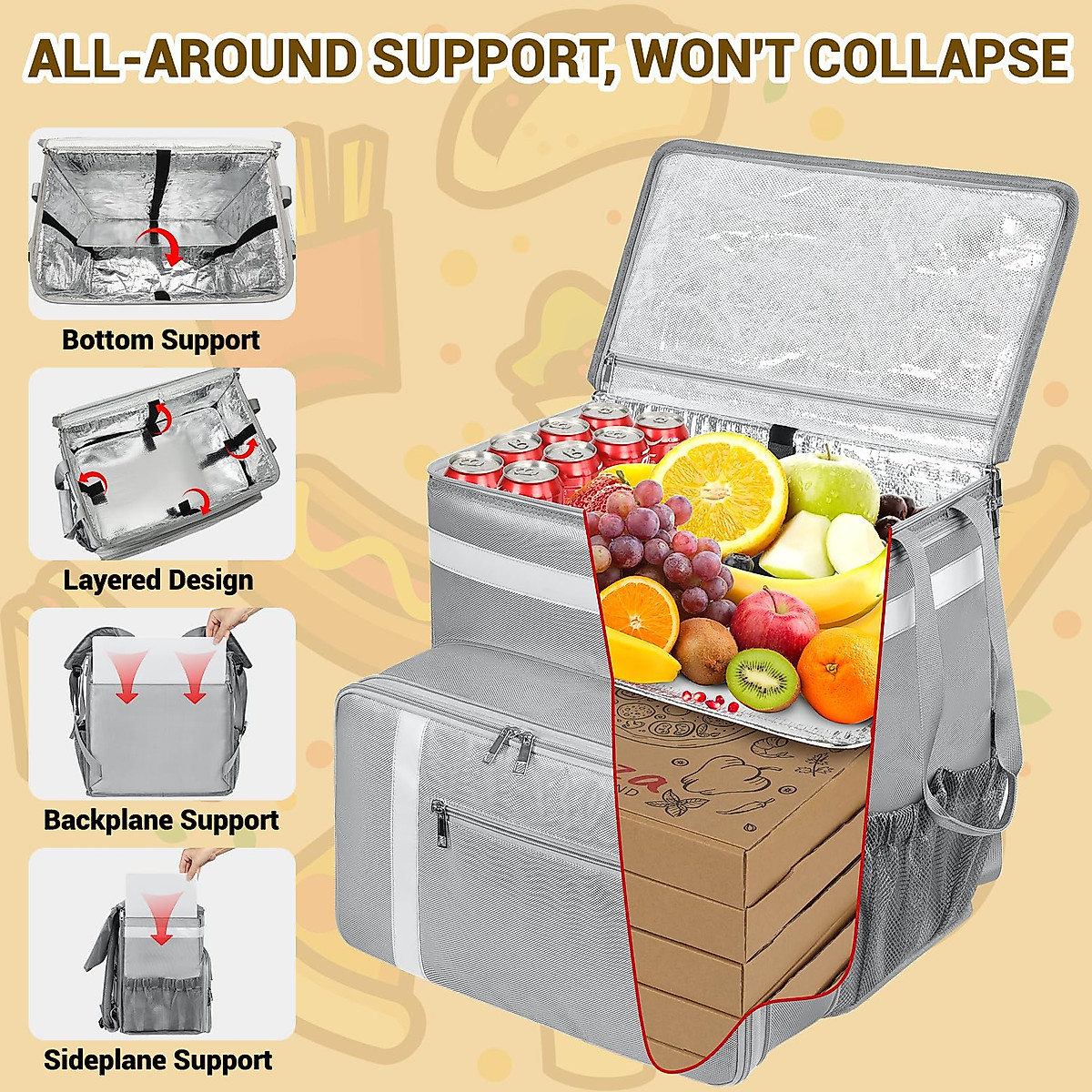 Food Delivery Backpack,Expandable Insulated Hot Pizza Bags for Delivery with 3 Support Boards for Bike,Large Leakproof Food Delivery Bag with Reflective Strip For Uber Eat,Grubhub,Doordash,Catering