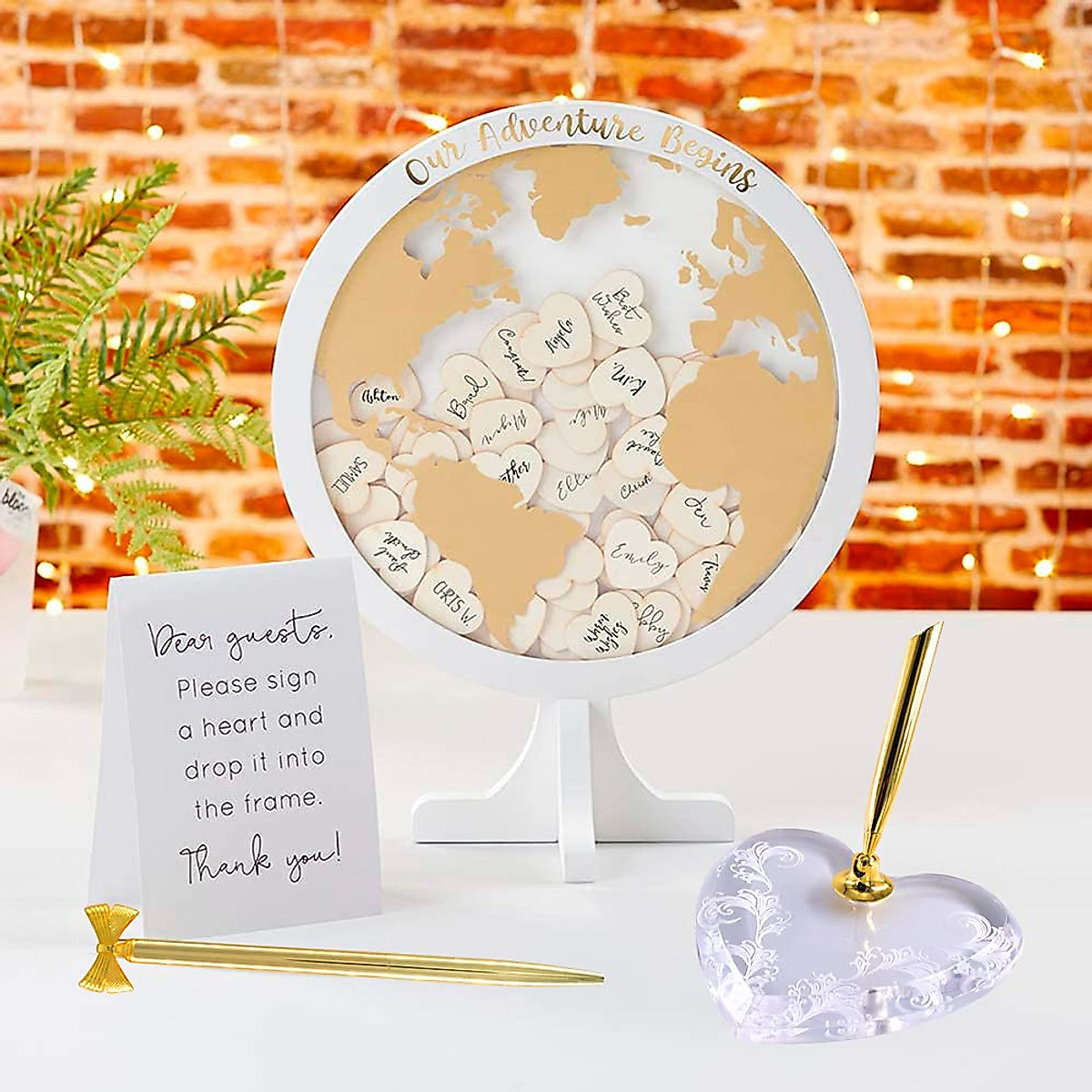 HingoFuni Gold Bow Signing Pen and Acrylic Heart Holder for Wedding Bridal Guest Sign in Anniversary Engagement Ceremony Birthday Party Graduation Office Guest Book Ballpoint Pen Reception