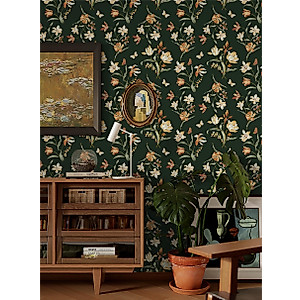 Dimoon 78.7"x16.1" Floral Wallpaper Peel and Stick Dark Green Contact Paper Golden Thicken Waterproof Leaf Flower Vintage Self Adhesive Removable Wallpaper for Bedroom Shelf Liner Decal Vinyl Roll