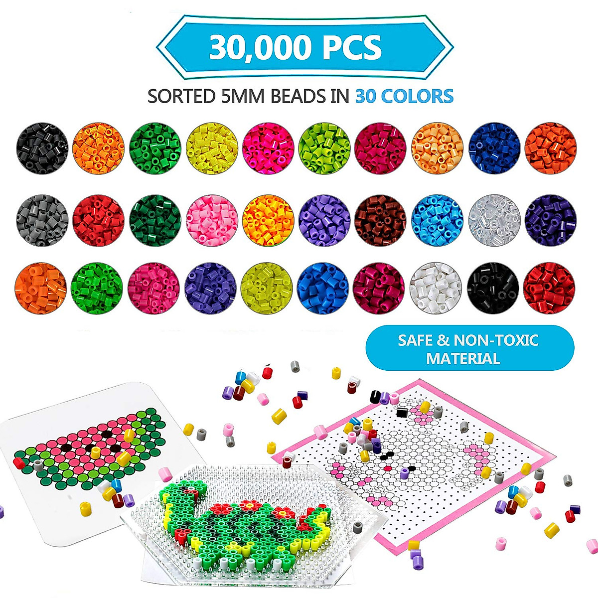 30,000 pcs Fuse Beads Kit 30 Colors 5MM for Kids, Including 10 Ironing Papers,48 Patterns, 7 Clear Pegboards, Tweezers, Perler Beads Compatible Kit