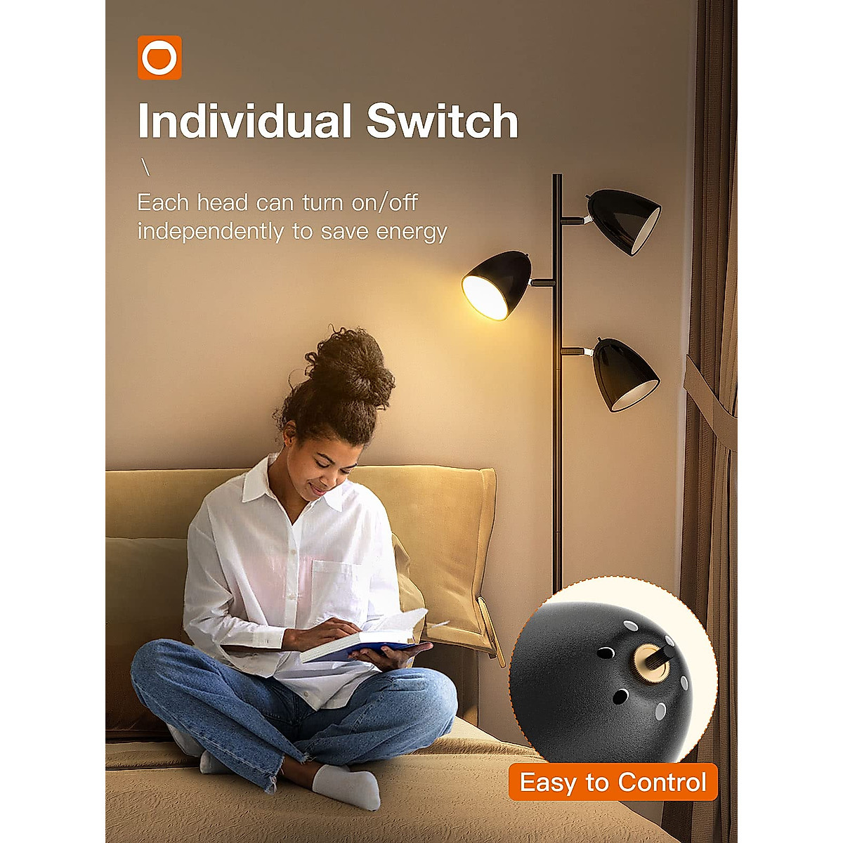 addlon Tree Floor Lamp with 3 Adjustable Rotating Lights and Matching LED Bulbs, Standing Tall Pole Lamps for Living Room, Bedroom, Home, Office - UL Listed, Black