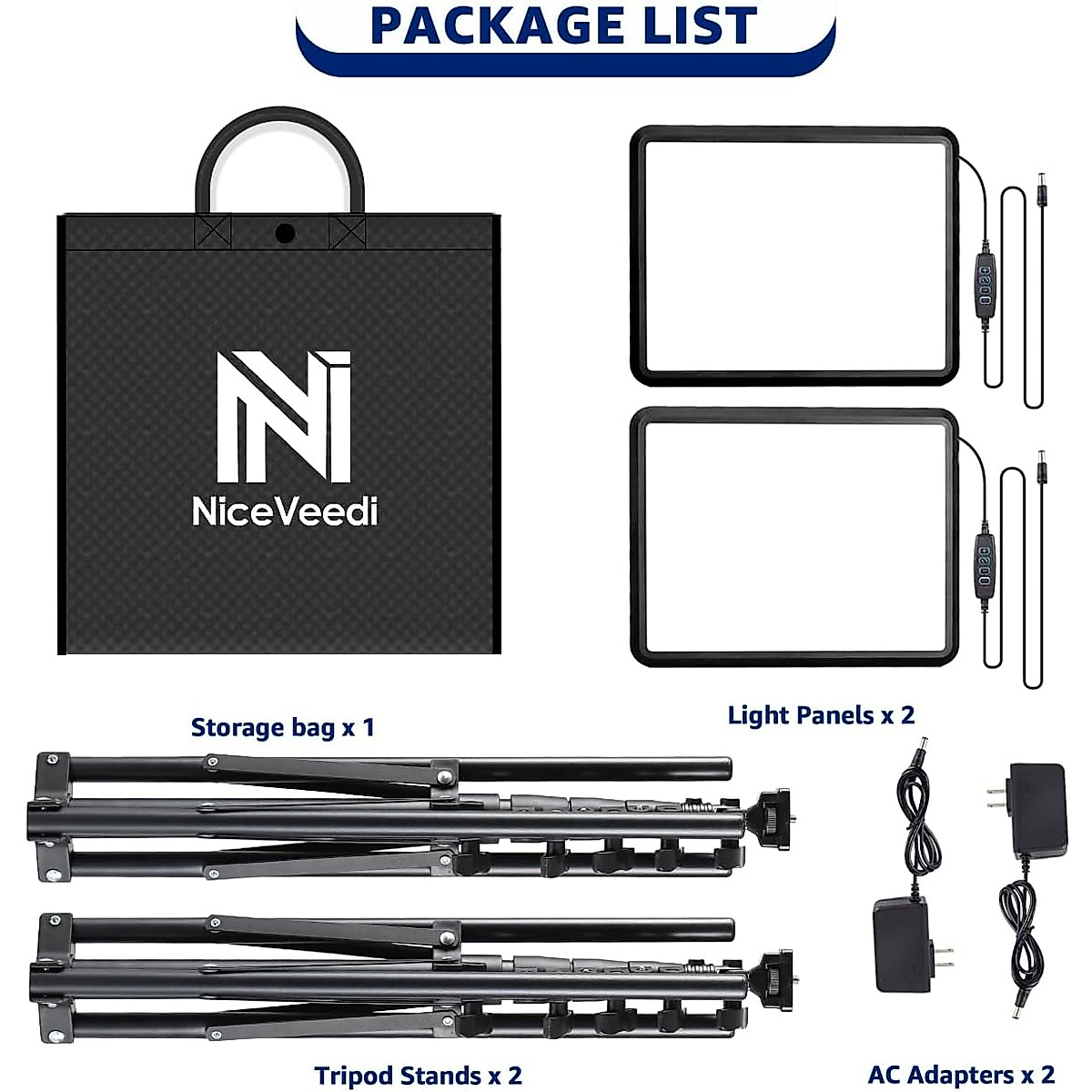 2-Pack Photography Lighting Kit, NiceVeedi 22W LED Video Light Kit, 2900-7000K Dimmable Studio Light with Tripod Stand, 73" Stream Light for Video Recording