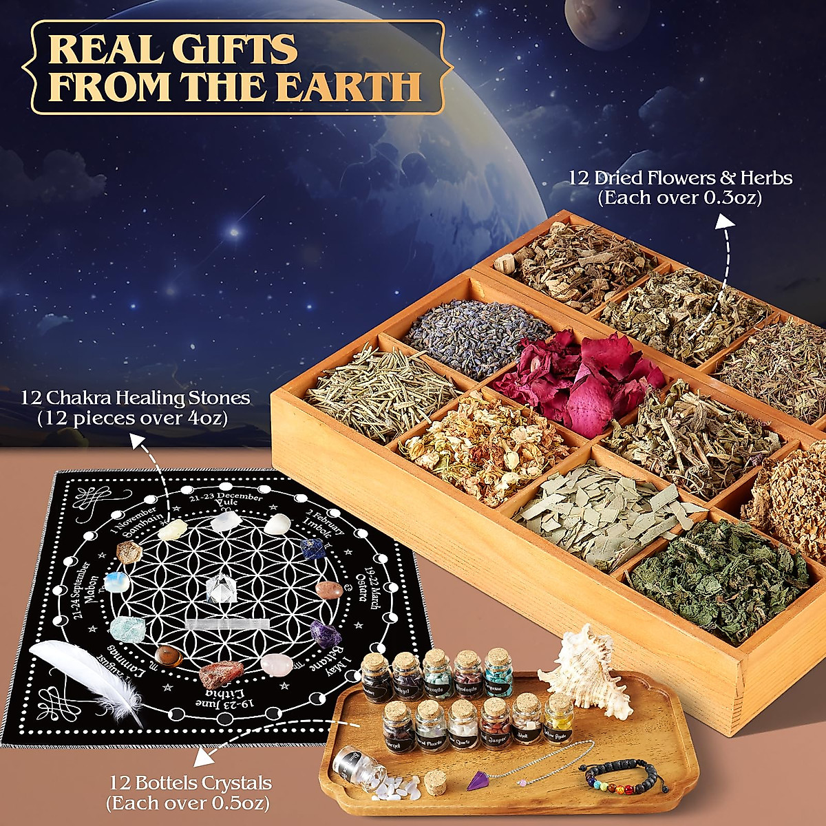 Witchcraft Supplies Kit, 80Pack Witch Starter Kit Wiccan Supplies and Tools Witchy Gifts for Beginners, Spell Candles, Chakra Healing Crystals and Dried Herbs for Zodiac and Lunar Magick