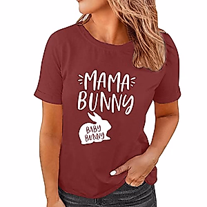 Womens Casual Short Sleeve Top Easter Printed Crew Neck T Shirt Wine