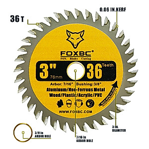 FOXBC 3 Inch Carbide Circular Saw Blade 36 Tooth for Wood, Plastic, PVC, Acrylic, Aluminum with 7/16" Arbor, 3/8" Bushing - 3 Pack