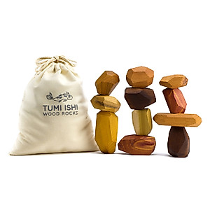 Tumi Ishi 11 Piece Wood Rock Set - Mixed Wood Species - Balancing Blocks - Natural Wood Toy - Organic Jojoba oil and Beeswax Finish - Handmade Wooden Toys - Sensory Toy - USA Made - Personalizable