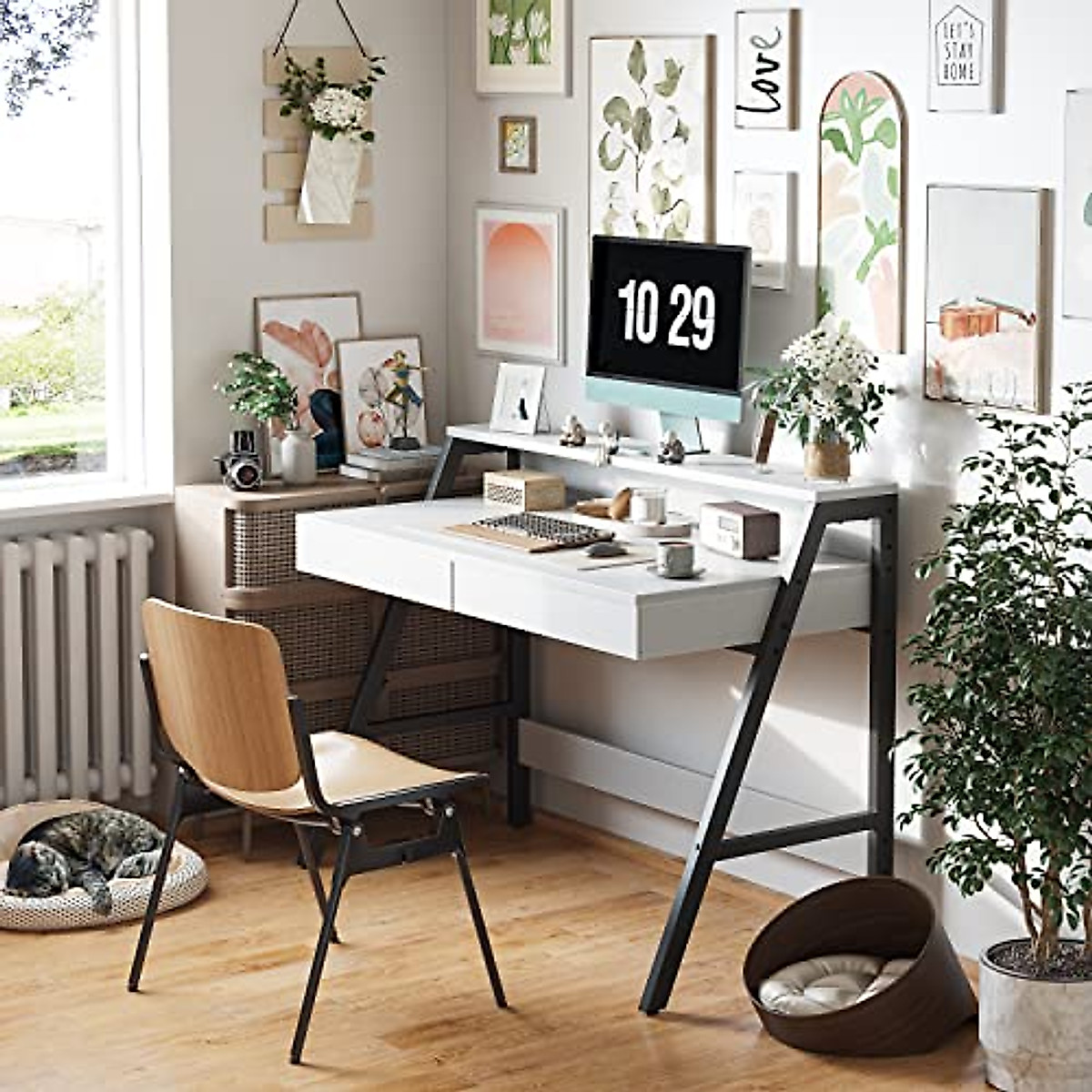 CubiCubi Computer Desk with 2 Storage Drawers, Home Office Writing Desk, Study Table for Small Space, (White, Monitor Stand)