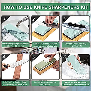 Wucgea Knife Sharpening Stone Kit - 400/1000 3000/8000 Grit Japanese Whetstone Sharpener set with Non-slip Rubber Base Angle Guide Flattening stone and Leather Strop…