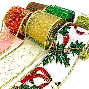 Christmas Ribbon Wired Wrapping Ribbon, 6 Rolls 36 Yards Red Green Gold Christmas Tree Ribbons Garland for Xmas Holiday Decorative Gift Wrapping Tree Wreaths Bows Decorations