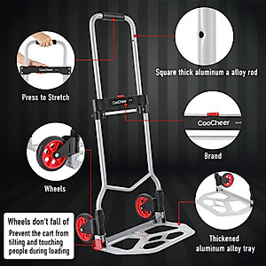 COOCHEER 265LB Capacity Folding Hand Truck Dolly - 2 Wheel Foldable Dolly Cart, Collapsible Aluminum Luggage Cart, Moving Trolley with Wheels, Silver