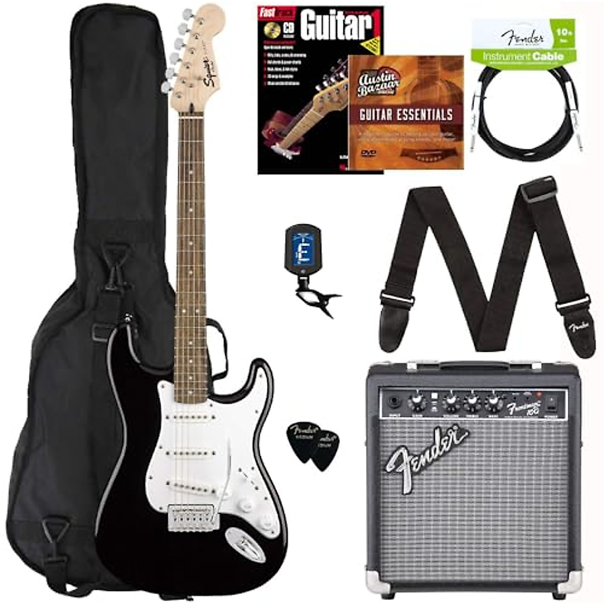 Fender Squier Stratocaster - Black Bundle with Frontman 10G Amplifier, Gig Bag, Instrument Cable, Strap, Picks, Fender Play Online Lessons, Instructional Book, and Instructional DVD
