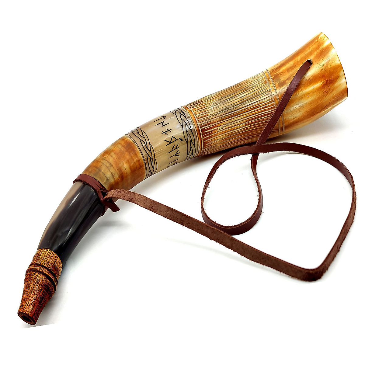 Viking War Horn - 16" Genuine Ox-Horn Battle Trumpet - Premium Hand Engraved Blow Horn Viking Norse Cattle Ancient Horn Bugle -Bugle Hunting Tool BATTLE HORN | BLOWING HORN | VIKING HORN With stand