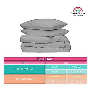 California Cotton Club 600 Thread Soft 1 Piece Duvet and 2 Piece Pillowcases Set - Breathable Pure Cotton Silky Satin Comforter Duvet Set with Button Closure for Luxury Bedding (Light Grey, Queen)