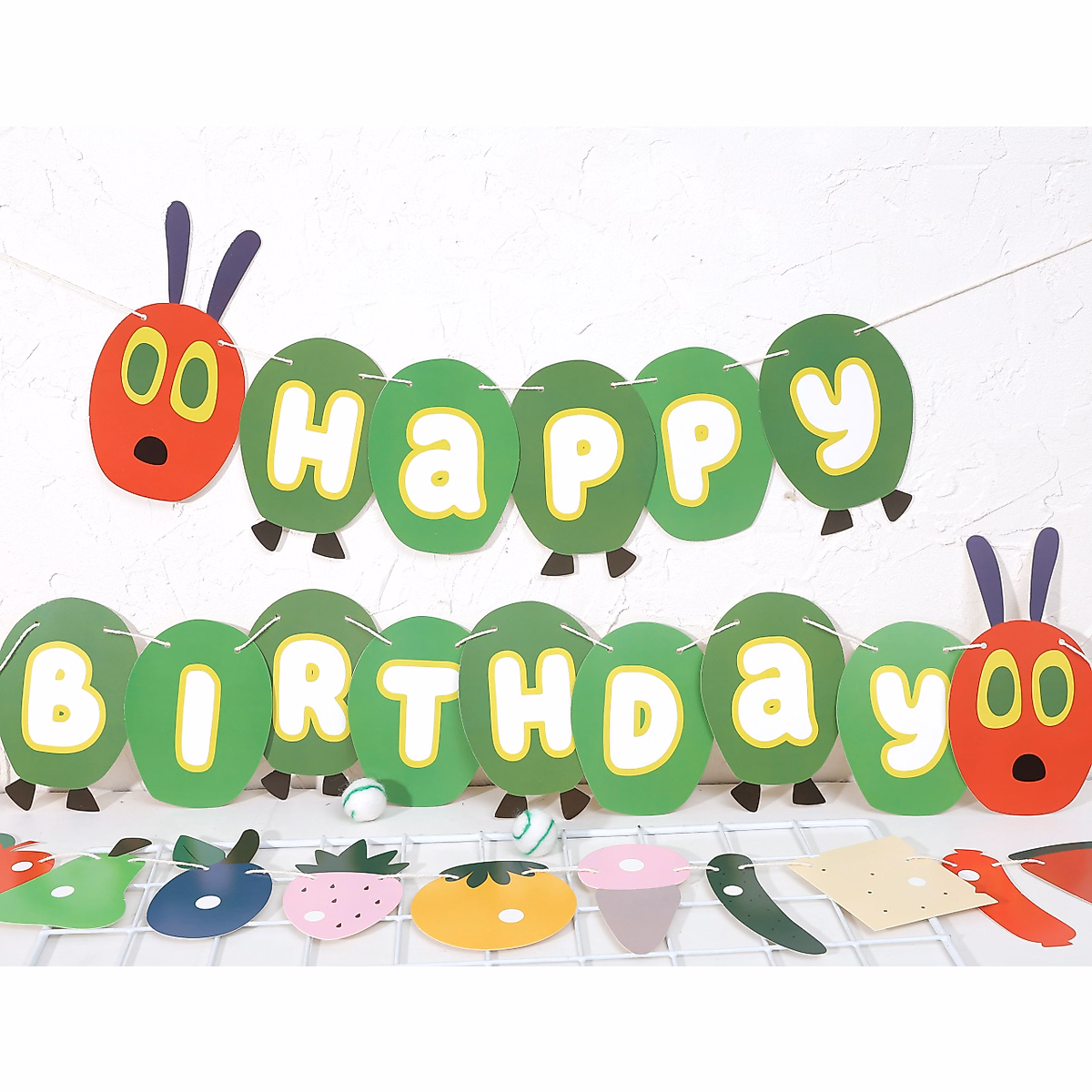 Hungry Caterpillar Happy Birthday Banner - Caterpillar Themed Birthday Party Decorations,Hungry Caterpillar Birthday Fruit Garland,Caterpillar Cake Smash Party Decor,First Birthday Photo Props