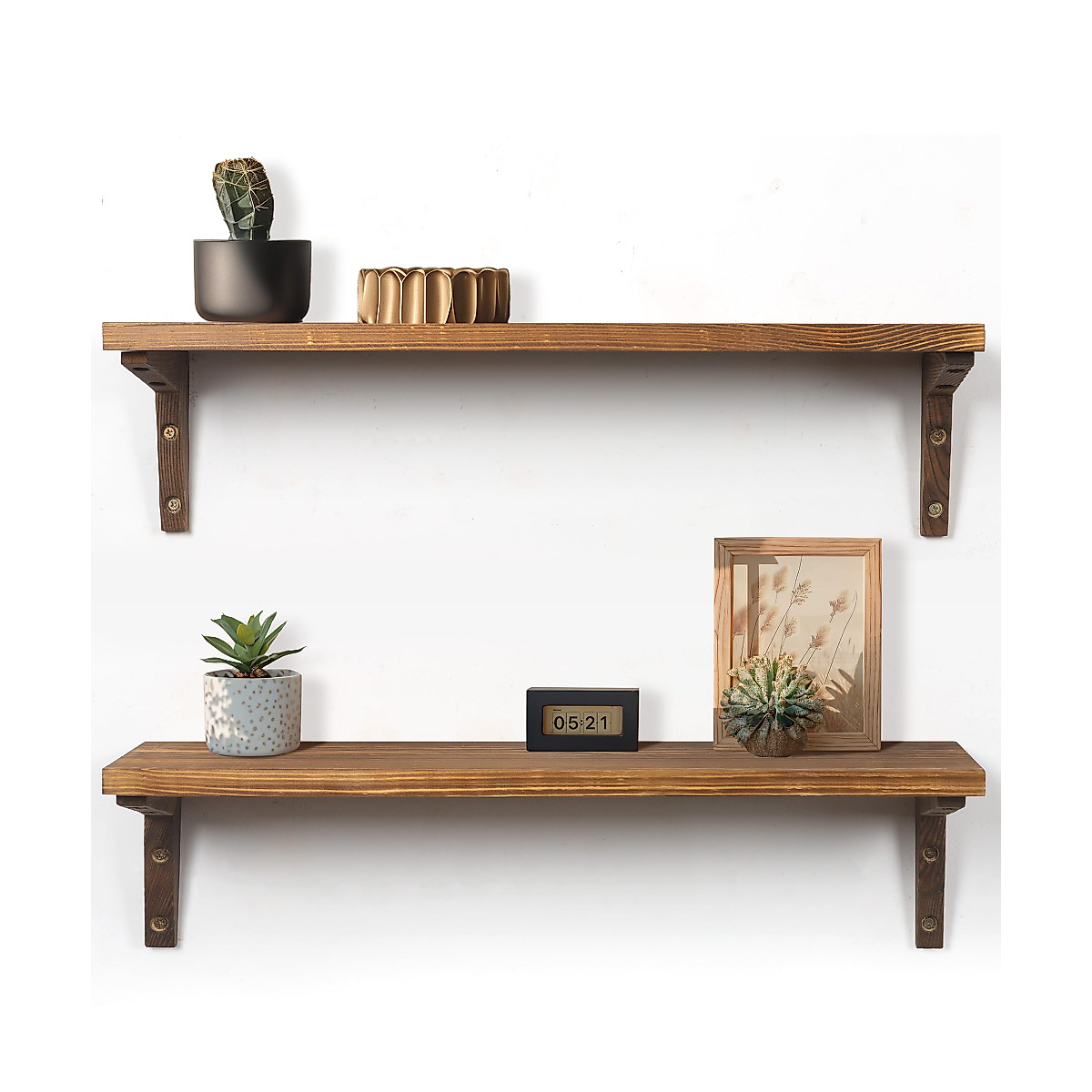 Afuly Wood Shelves for Wall, 24 Inch Rustic Floating Shelf with Wooden Brackets for Bedroom Living Room Kitchen, Wall Mounted Storage Shelving, Natural Solid Wood Home Decor