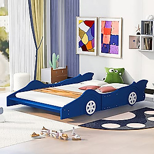 LCH Full Size Race Car-Shaped Platform Bed with Wheels,Wooden Platform Bed with Support Slats,Full Bed Frame for Children Boys Girls Teens,Suitable for Bedroom,Apartment and Dorm,Blue
