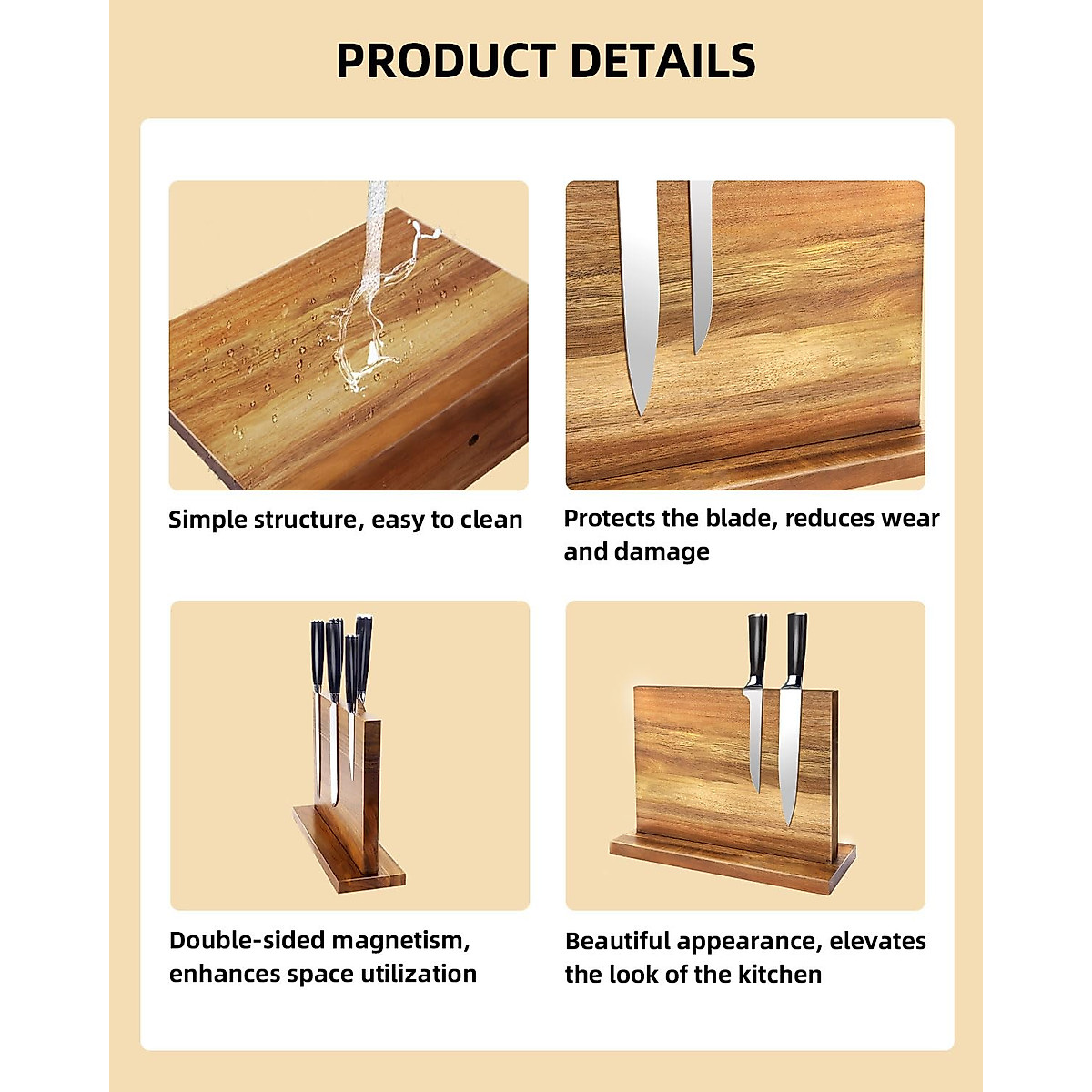Magnetic Knife Holder Block Rack Double Sided Acacia Wooden Magnetic Knife Display Stand with Strong Enhanced Magnets for Kitchen Knife Counter Multifunctional Storage