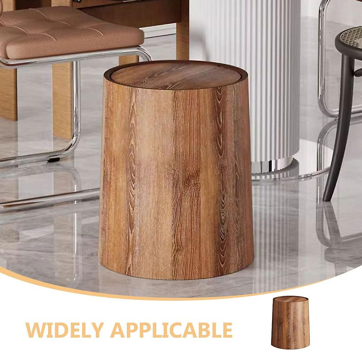 BESTOYARD Wood Grain Trash Can 2.6 Gallon Plastic Round Wastebasket with Swing Lid Garbage Container Bins for Home Office Bedroom Bathroom