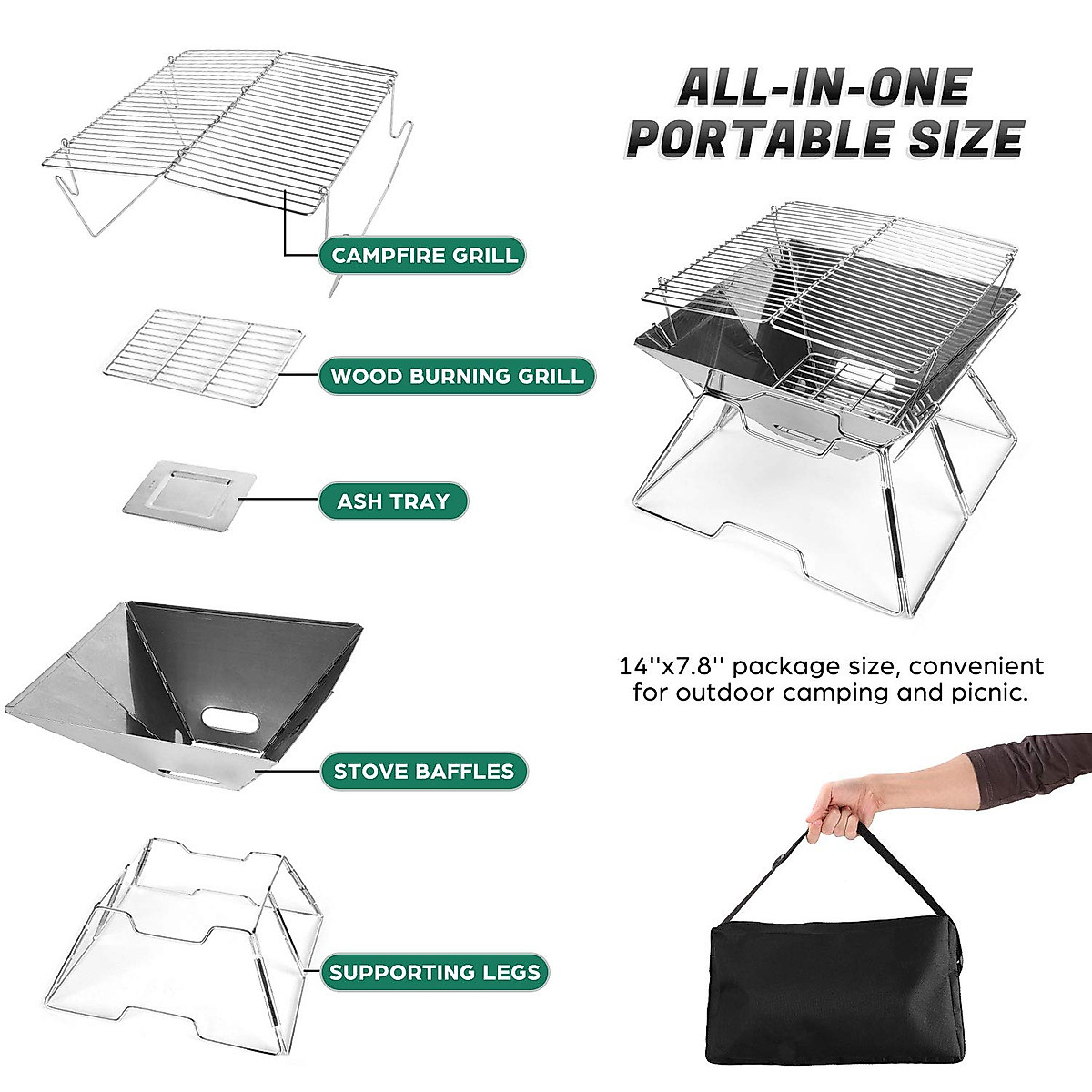 Odoland Bundle - 2 Items Folding Campfire Grill and Complete Messware Kit Polished Stainless Steel Camping dinnerware