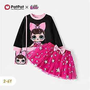 L.O.L. Surprise! Girl Birthday Skirt Set with Cute Bag, Long Sleeve Print Pullover Tee Mesh Tutu Skirts 3 Piece Outfit Set