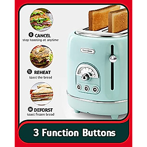 Hazel Quinn 2 Slice Retro Toaster, 6 Browning Levels, 3 Functions-Defrost/Reheat/Cancel, Removable Crumb Tray for Easy to Clean, 1.5 Inches Extra Wide Slots, Vintage Style, Mint Green