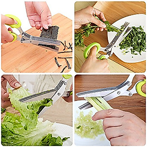 2 Packs Stainless Steel Herb Scissors, SourceTon Multi-purpose Kitchen Shear with 5 Blades and Cleaning Brush, Ergonomic Design Heavy Duty Durable Culinary Cutter with Sharp Blade