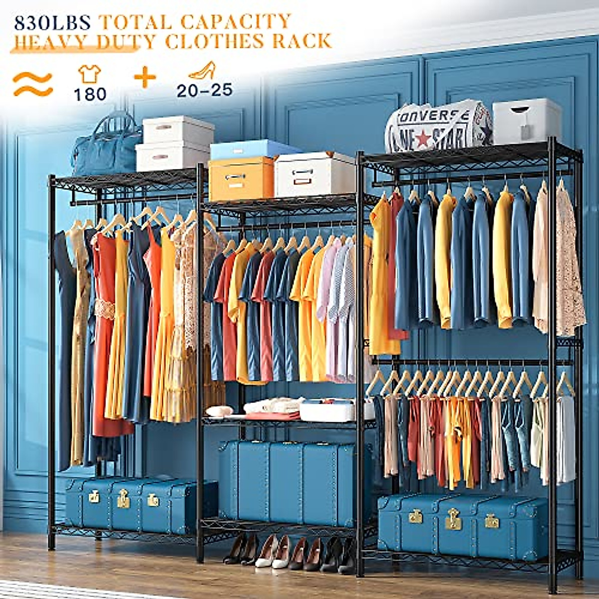 Raybee Clothes Rack, Heavy Duty Clothing Racks for Hanging Clothes Rack Load 830Lbs, Metal Clothing Rack Heavy Duty Clothes Racks for Hanging Clothes, Adjustable Garment Rack, 77"H x69"W x16"D, Black